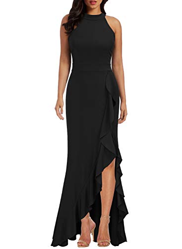 WOOSEA Women's High Neck Split Bodycon Mermaid Evening Cocktail Long Dress Black