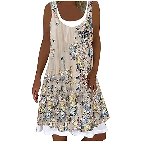 SHENYANGWA Womens Summer Dresses Casual Loose Knee Length Tank Dress Sleeveless Scoop Neck Pleated Romper Midi T Shirt Dress, Beige, Large