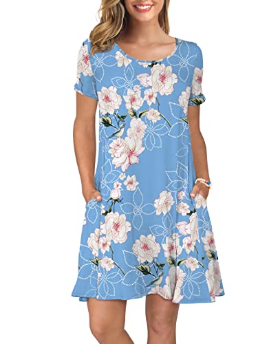 KORSIS Women's Summer Floral Dresses T Shirt Dress Flower Light Blue S