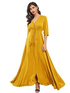 milumia women’s button up v neck half sleeve split flowy plain party maxi dress yellow x-large