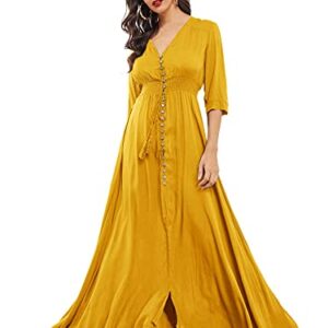 Milumia Women's Button Up V Neck Half Sleeve Split Flowy Plain Party Maxi Dress Yellow X-Large