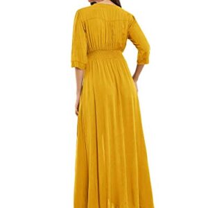 Milumia Women's Button Up V Neck Half Sleeve Split Flowy Plain Party Maxi Dress Yellow X-Large