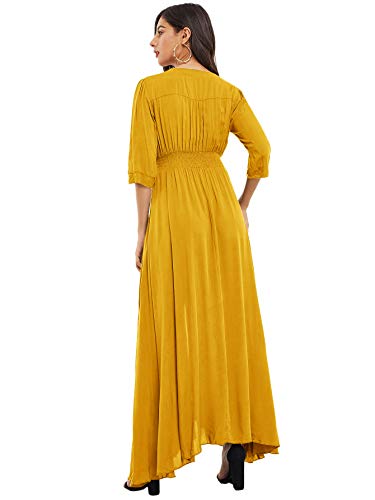 Milumia Women's Button Up V Neck Half Sleeve Split Flowy Plain Party Maxi Dress Yellow X-Large