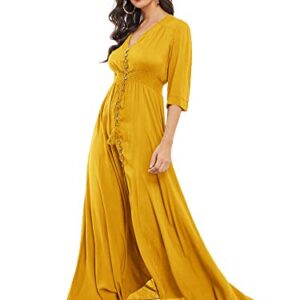 Milumia Women's Button Up V Neck Half Sleeve Split Flowy Plain Party Maxi Dress Yellow X-Large