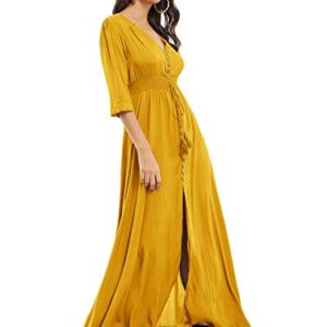 Milumia Women's Button Up V Neck Half Sleeve Split Flowy Plain Party Maxi Dress Yellow X-Large