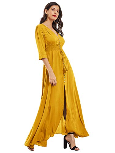 Milumia Women's Button Up V Neck Half Sleeve Split Flowy Plain Party Maxi Dress Yellow X-Large