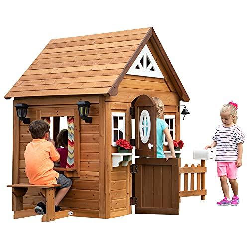 Backyard Discovery Aspen All Cedar Wooden Playhouse, Country Style, Dutch Front Door, Flower Pot Holders, Stove, Sink, Plastic Food, Doorbell, Mailbox, Outdoor Light Attached Picnic Bench