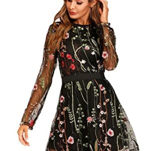 Milumia Women's Floral Embroidery Mesh Round Neck Tunic Party Dress Black Small