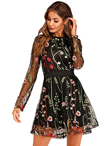 Milumia Women's Floral Embroidery Mesh Round Neck Tunic Party Dress Black Small