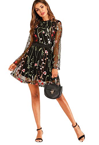 Milumia Women's Floral Embroidery Mesh Round Neck Tunic Party Dress Black Small