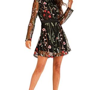 Milumia Women's Floral Embroidery Mesh Round Neck Tunic Party Dress Black Small