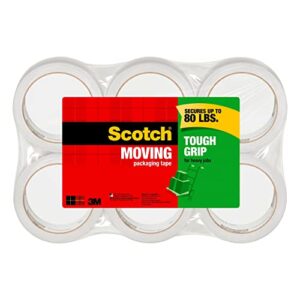 scotch tough grip moving packaging tape, 1.88″ x 43.7 yd, designed for moving and packing, strong hold on all box types including recycled, 3″ core, clear, 6 rolls (3500-40-6)