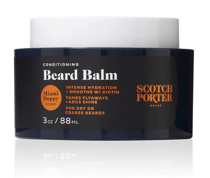 Scotch Porter Conditioning Beard Balm for Men | Miami Duppy | Hydrates, Smooths, Adds Shine & Tames Flyaway Hair | Formulated with Non-Toxic Ingredients, Free of Parabens, Sulfates & Silicones | Vegan | 3oz Jar