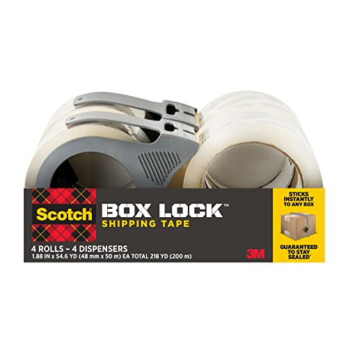 Scotch Box Lock Packaging Tape, 4 Rolls with 4 Refillable Dispensers, 1.88 in x 54.6 yd, Extreme Grip Packing, Shipping and Mailing Tape, Sticks Instantly to Any Box (3950-4RD)