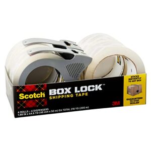 Scotch Box Lock Packaging Tape, 4 Rolls with 4 Refillable Dispensers, 1.88 in x 54.6 yd, Extreme Grip Packing, Shipping and Mailing Tape, Sticks Instantly to Any Box (3950-4RD)