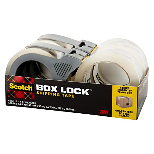 Scotch Box Lock Packaging Tape, 4 Rolls with 4 Refillable Dispensers, 1.88 in x 54.6 yd, Extreme Grip Packing, Shipping and Mailing Tape, Sticks Instantly to Any Box (3950-4RD)