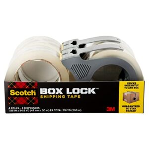 Scotch Box Lock Packaging Tape, 4 Rolls with 4 Refillable Dispensers, 1.88 in x 54.6 yd, Extreme Grip Packing, Shipping and Mailing Tape, Sticks Instantly to Any Box (3950-4RD)