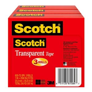 scotch transparent tape, 3 boxes, 1 in x 2592 in (600-72-3pk)