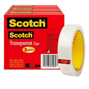 Scotch Transparent Tape, 3 Boxes, 1 in x 2592 in (600-72-3PK)