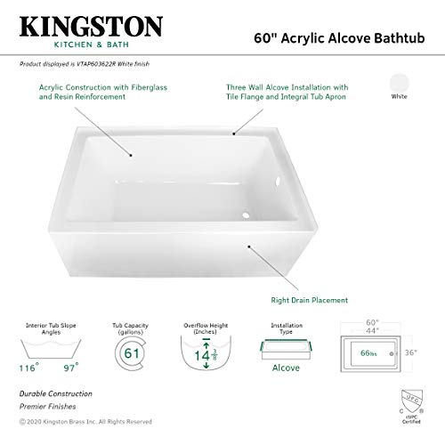 Kingston Brass Aqua Eden VTAP603622R 60-Inch Acrylic Alcove Tub with Right Hand Drain, White