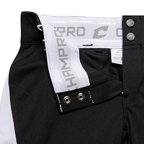 CHAMPRO Surge Traditional Low-Rise Fastpitch Softball Pant with Contrast-Color Braid Piping - Small,Black, White