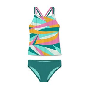 speedo girls’ swimsuit two piece tankini thin strap, wavy enamel blue