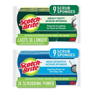 scotch-brite non-scratch scrub sponges, 9 pack + scotch-brite heavy duty scrub sponges, 9 pack for stuck-on mess, dishes and cleaning the kitchen