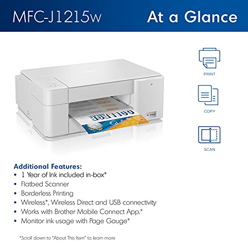 Brother MFC-J1215WB INKvestment Tank Wireless All-in-One Color Inkjet Printer for Home Office, White - Print Copy Scan - 16 ppm, 1200 x 600 dpi, Voice Control, 150 Sheets - CBMOUN USB Printer Cable