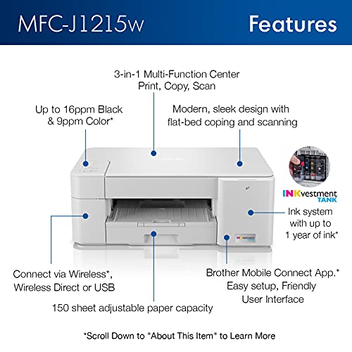 Brother MFC-J1215WB INKvestment Tank Wireless All-in-One Color Inkjet Printer for Home Office, White - Print Copy Scan - 16 ppm, 1200 x 600 dpi, Voice Control, 150 Sheets - CBMOUN USB Printer Cable