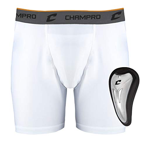 CHAMPRO Standard Compression Boxer Shorts with Athletic Cup, White, Adult Medium