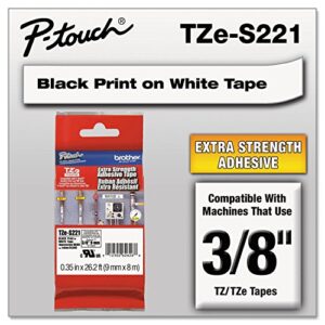 Brother P-Touch Tzes221 Tze Extra-Strength Adhesive Laminated Labeling Tape, 3/8-Inch W, Black On White