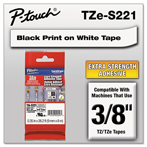 Brother P-Touch Tzes221 Tze Extra-Strength Adhesive Laminated Labeling Tape, 3/8-Inch W, Black On White