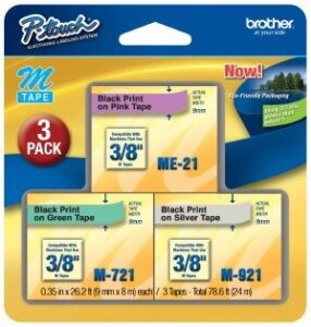 3/pack 3/8″ (9mm) p-touch m tape value pack for brother pt-100, pt100 label maker