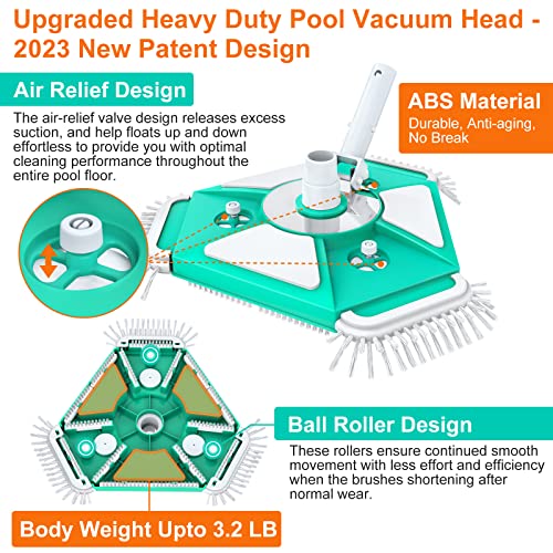 PooLuck Pool Vacuum Head with Side Nylon Bristles【Newest】, Weighted Triangular Pool Vacuum Head with Swivel Rotatable Handle, Connect 1-1/4" 1-1/2" Hose for Above Ground Pool Safe on Vinyl Liner Pool