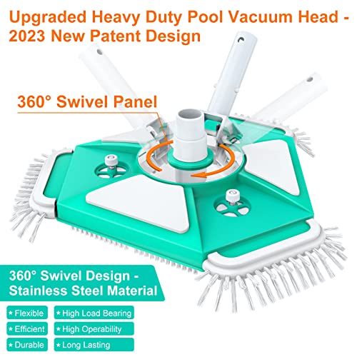 PooLuck Pool Vacuum Head with Side Nylon Bristles【Newest】, Weighted Triangular Pool Vacuum Head with Swivel Rotatable Handle, Connect 1-1/4" 1-1/2" Hose for Above Ground Pool Safe on Vinyl Liner Pool