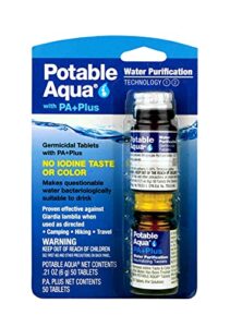 potable aqua water purification tablets with pa plus, portable and effective water purification solution for camping, hiking, emergencies, natural disasters and international travel, two 50ct bottles