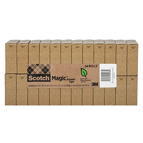 Scotch Magic Greener Tape, 24 Rolls, Great for Gift Wrapping, Numerous Applications, Invisible, Engineered for Repairing, 3/4 x 900 Inches, Boxed (812-24P)