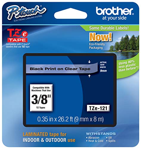 Genuine Brother 3/8" (9mm) Black on Clear TZe P-Touch Tape for Brother PT-1600, PT1600 Label Maker