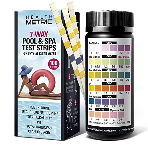 Health Metric 7-Way Pool and Spa Test Strips | 100 ct | Swimming Pool Testing Strip Kit for Chlorine Bromine Alkalinity pH Hardness & Cyanuric Acid | Chemical Tester Strips for Water Maintenance