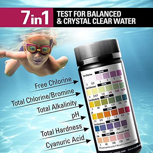 Health Metric 7-Way Pool and Spa Test Strips | 100 ct | Swimming Pool Testing Strip Kit for Chlorine Bromine Alkalinity pH Hardness & Cyanuric Acid | Chemical Tester Strips for Water Maintenance