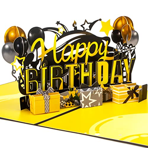 Ribbli Pop Up Birthday Card, Happy Birthday Card, 3D Black and Gold Birthday Card, with Envelope