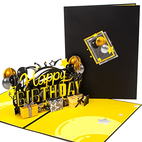 Ribbli Pop Up Birthday Card, Happy Birthday Card, 3D Black and Gold Birthday Card, with Envelope