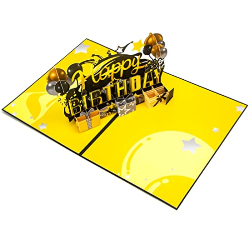 Ribbli Pop Up Birthday Card, Happy Birthday Card, 3D Black and Gold Birthday Card, with Envelope