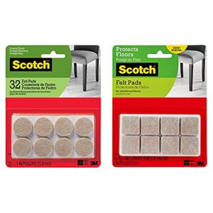 scotch felt pads, felt furniture pads for protecting hardwood floors, round, 32 pads & felt pads, felt furniture pads for protecting hardwood floors, square, beige, 1 in. x 1 in, 16 pads