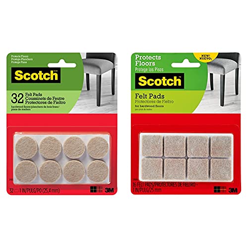 Scotch Felt Pads, Felt Furniture Pads for Protecting Hardwood Floors, Round, 32 Pads & Felt Pads, Felt Furniture Pads for Protecting Hardwood Floors, Square, Beige, 1 in. x 1 in, 16 Pads