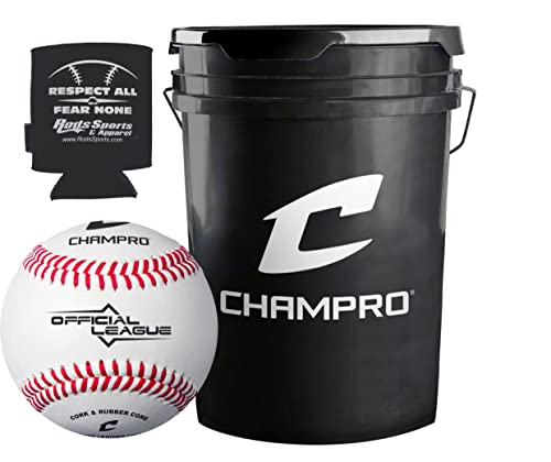 CHAMPRO CBB-40 Genuine Leather Cover Baseballs in a Black Bucket – 30 Balls and one Rods Can Sleeve Included.