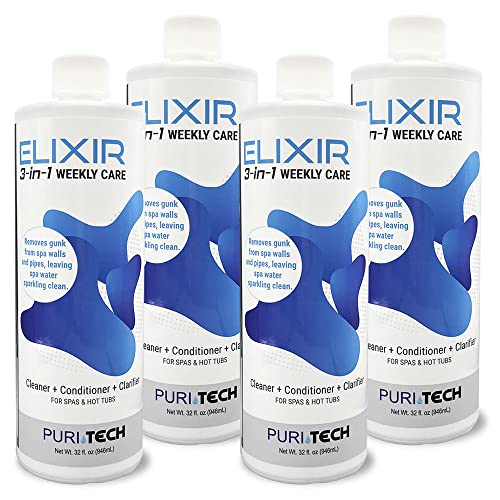 Puri Tech Spa Elixir 3-in-1 Weekly Care 4 Pack Cleaner Conditioner Clarifier Removes Gunk from Walls and Pipes in Spas and Hot Tubs 32oz