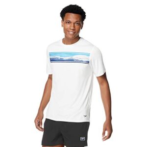 speedo mens uv swim graphic short sleeve tee rash guard shirt, wave bright white, x-large