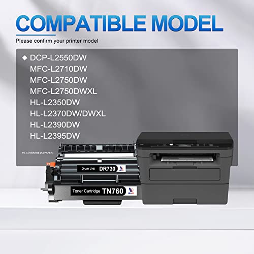 MOLIMER Compatible TN-760 TN760 TN 760 Toner and DR730 DR 730 DR-730 Drum Unit for Brother DCP-L2550DW MFC-L2710DW L2750DW L2750DWXL HL-L2350DW L2395DW Printer (1 Pack Toner, 1 Pack Drum)