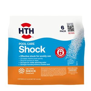 hth pool care shock, swimming pool chlorinator boosts chlorine levels, cal hypo formula, 13.3 oz (pack of 6)